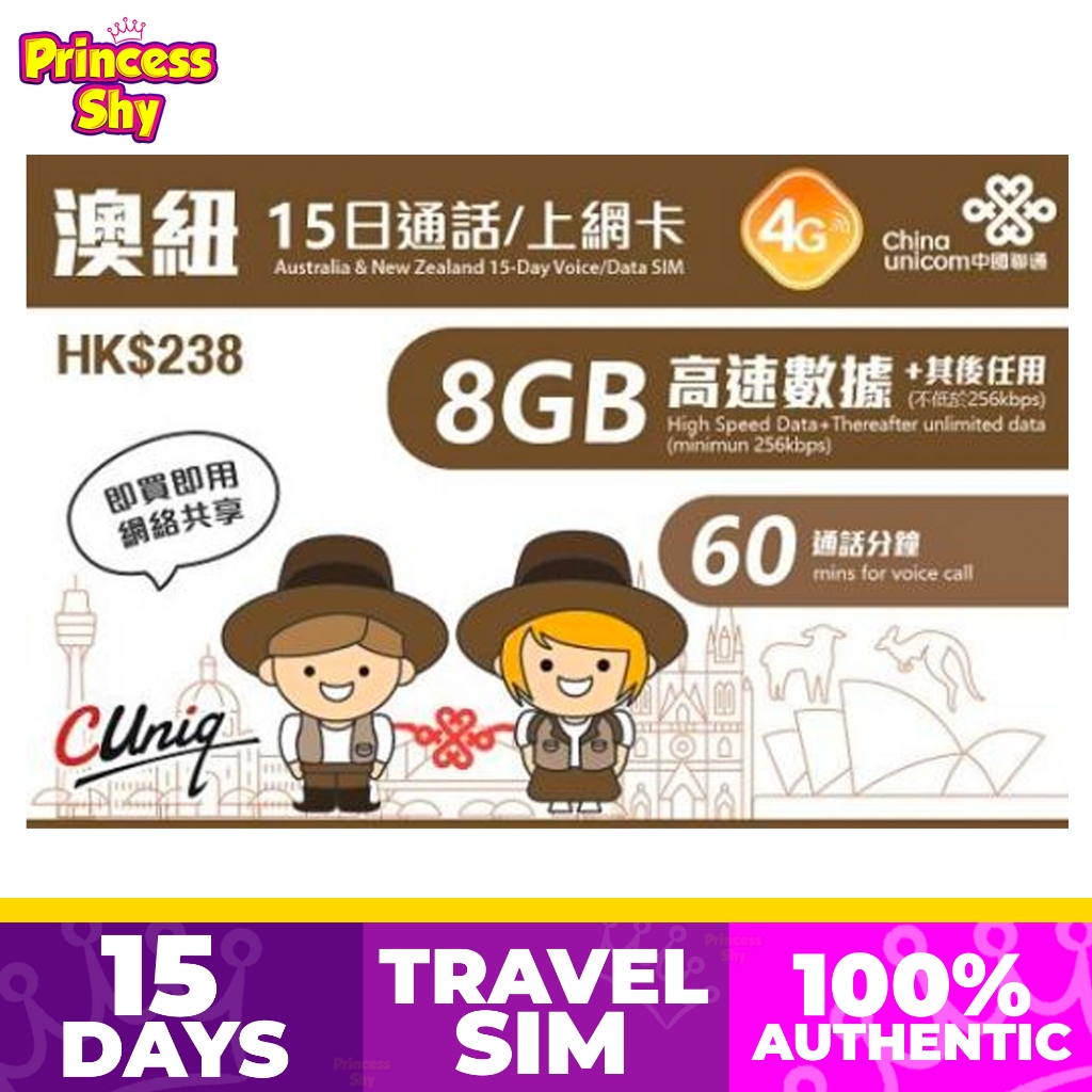 Travel Sim Australia New Zealand 15 Day Voice Data SIM 8GB High Speed Data + Thereafter Unli ...