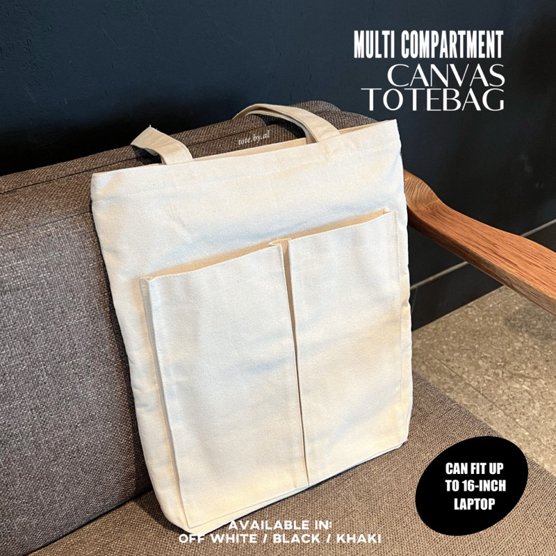 Multi Pocket CANVAS TOTE BAG Multi Compartment University Bag XL Unisex ...