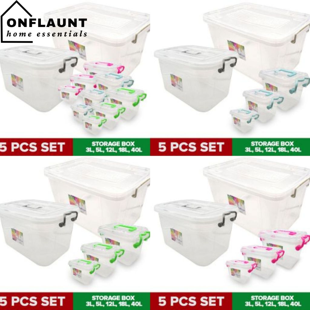 OnFlaunt 5pcs/Set 3L, 5L, 12L, 18L & 40L Storage Box Combo Set Plastic Clear Storage Container ...