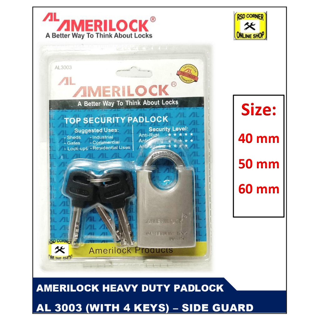 AMERILOCK Heavy Duty Stainless Padlock Side Guard (AL 3003) with 4 Keys ...