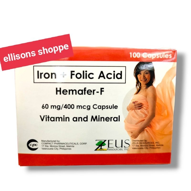 Hemafer-F Iron + Folic Acid 60mg/400mcg Vitamin & Mineral 100 Capsules ...