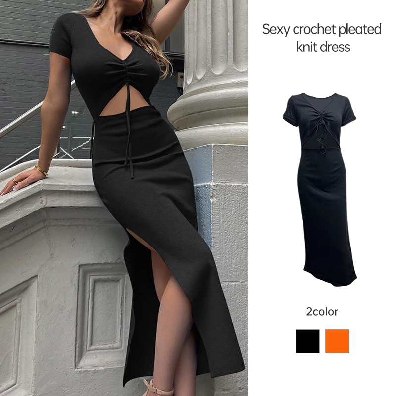 Fashionable Sexy Navel Exposed Slit Dress Lace-up Pleated Knitted Dress ...