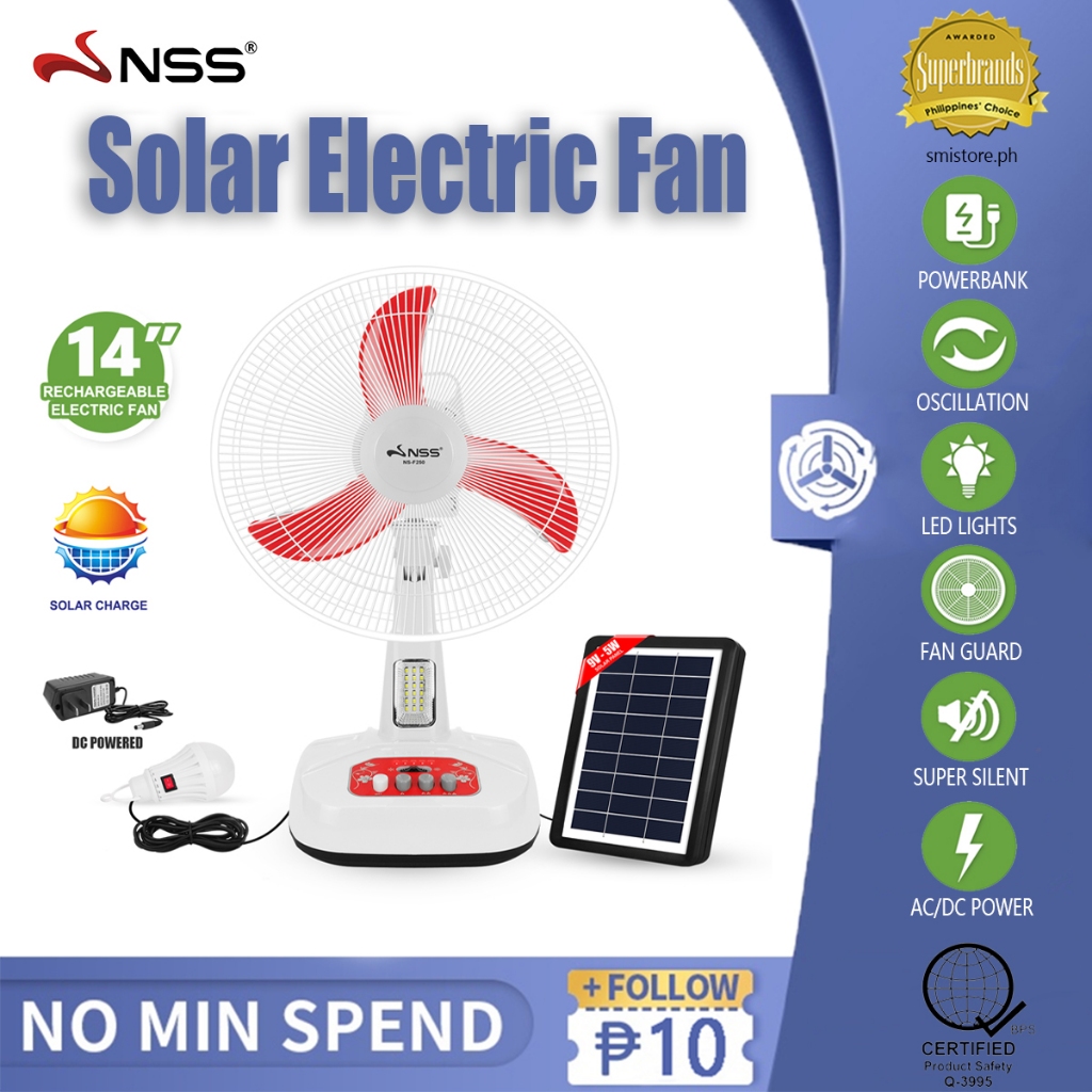 NSS Solar Fan 14 Inch Rechargeable Fan Solar Electric Fan with LED ...