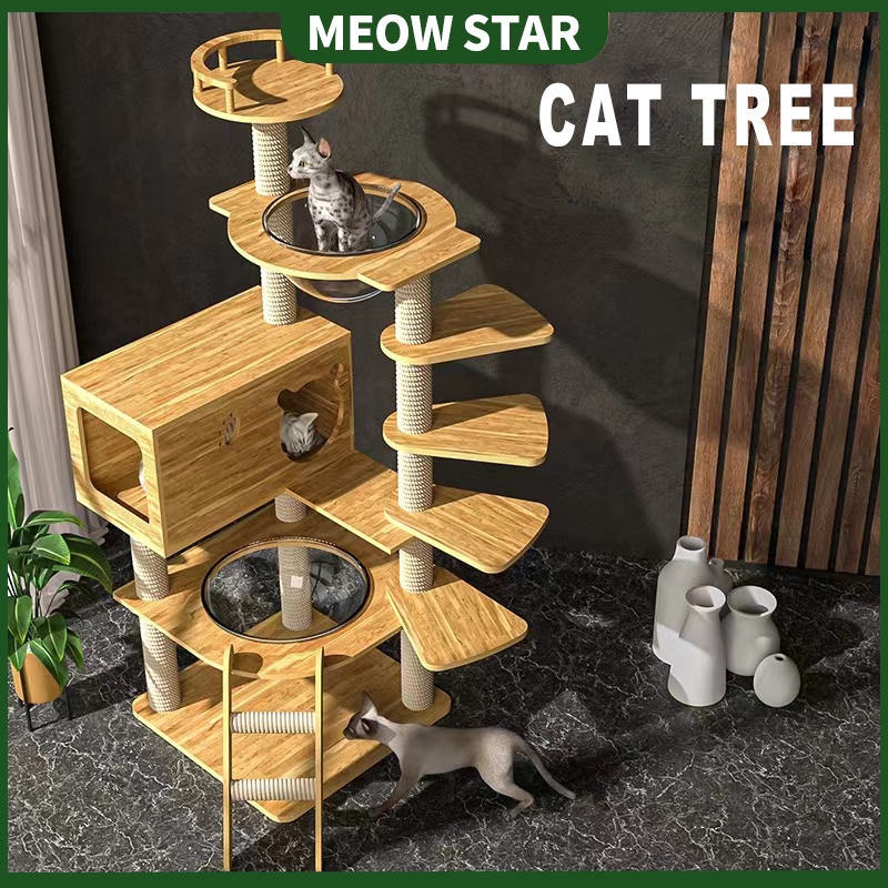 Large Cat Tree House Wood Cat Condo Bed Scratcher House Cat Tower