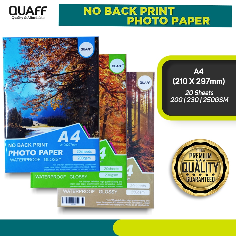 QUAFF No Back Print Photo Paper A4 Size Glossy Inkjet Photo Paper 200gsm & 230gsm (20sheets ...