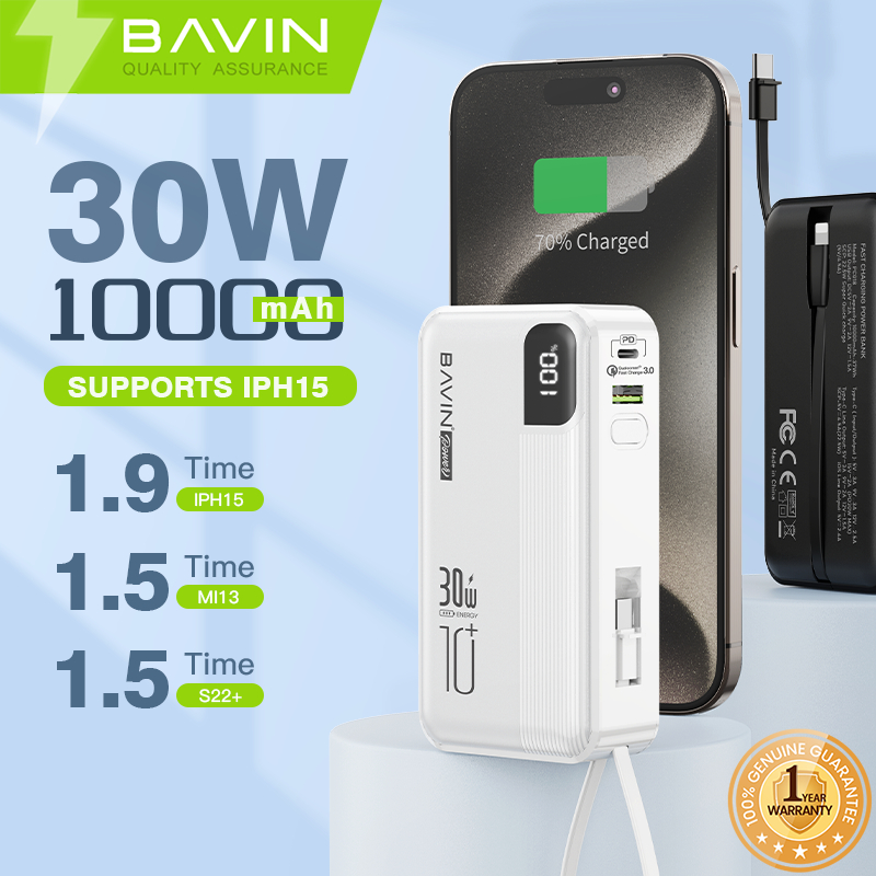 BAVIN PC018 10000mAh 30W Fast Charging Power Bank Built-in Type-C / iPh ...