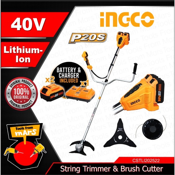 INGCO Li-Ion Grass Trimmer Brushless Motor BIG 40V w/ 2 Battery and Charger CSTLI202522 •TFM ...