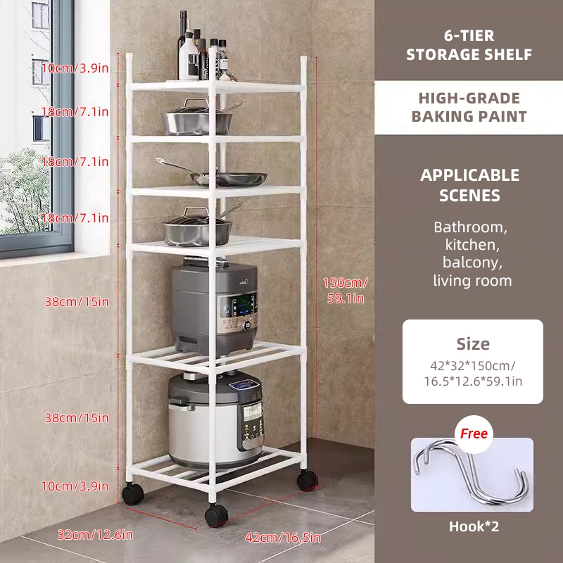 6Level Shelf With Wheels 1.5M Moving Rack Kitchen Storage Shelf Multi ...