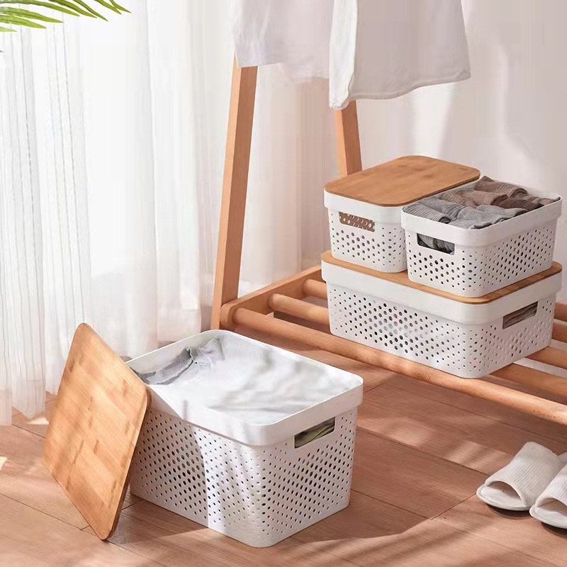 Chic Organizer Storage Basket with wood Bamboo Cover Nordic | Shopee ...