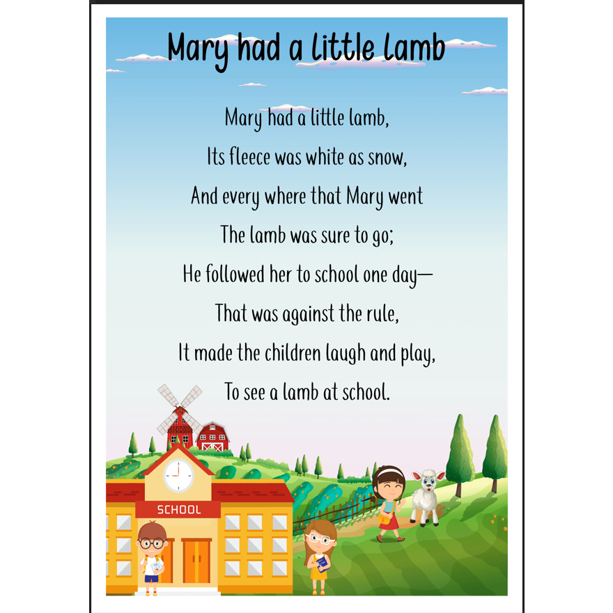 Mary had a Little Lamb Chart Nursery Rhymes A4 Laminated High Print ...