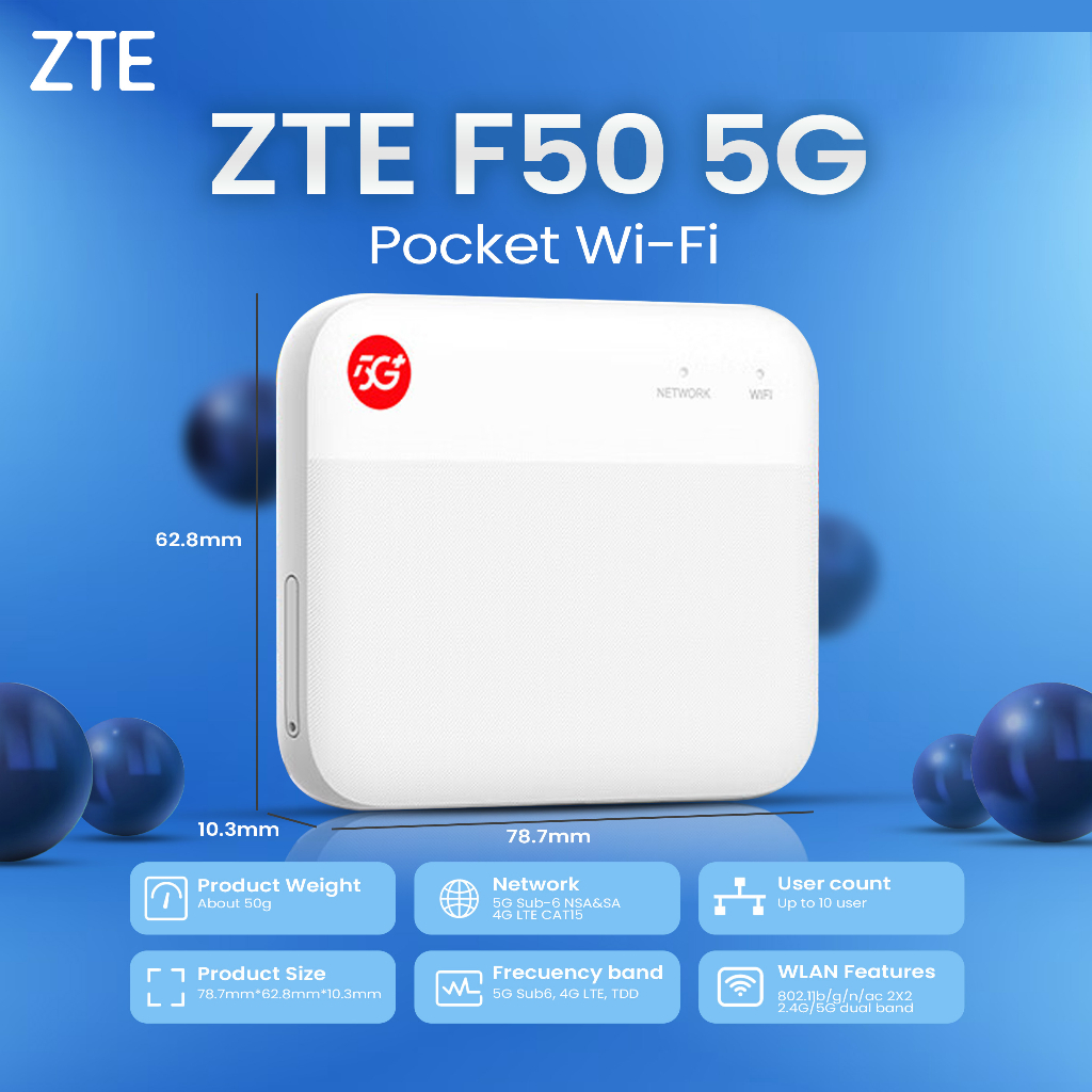 ZTE F50 5G Mini Pocket WiFi Sub-6 SA NSA USB 3.0 Type-C 4G LTE CAT15 ...