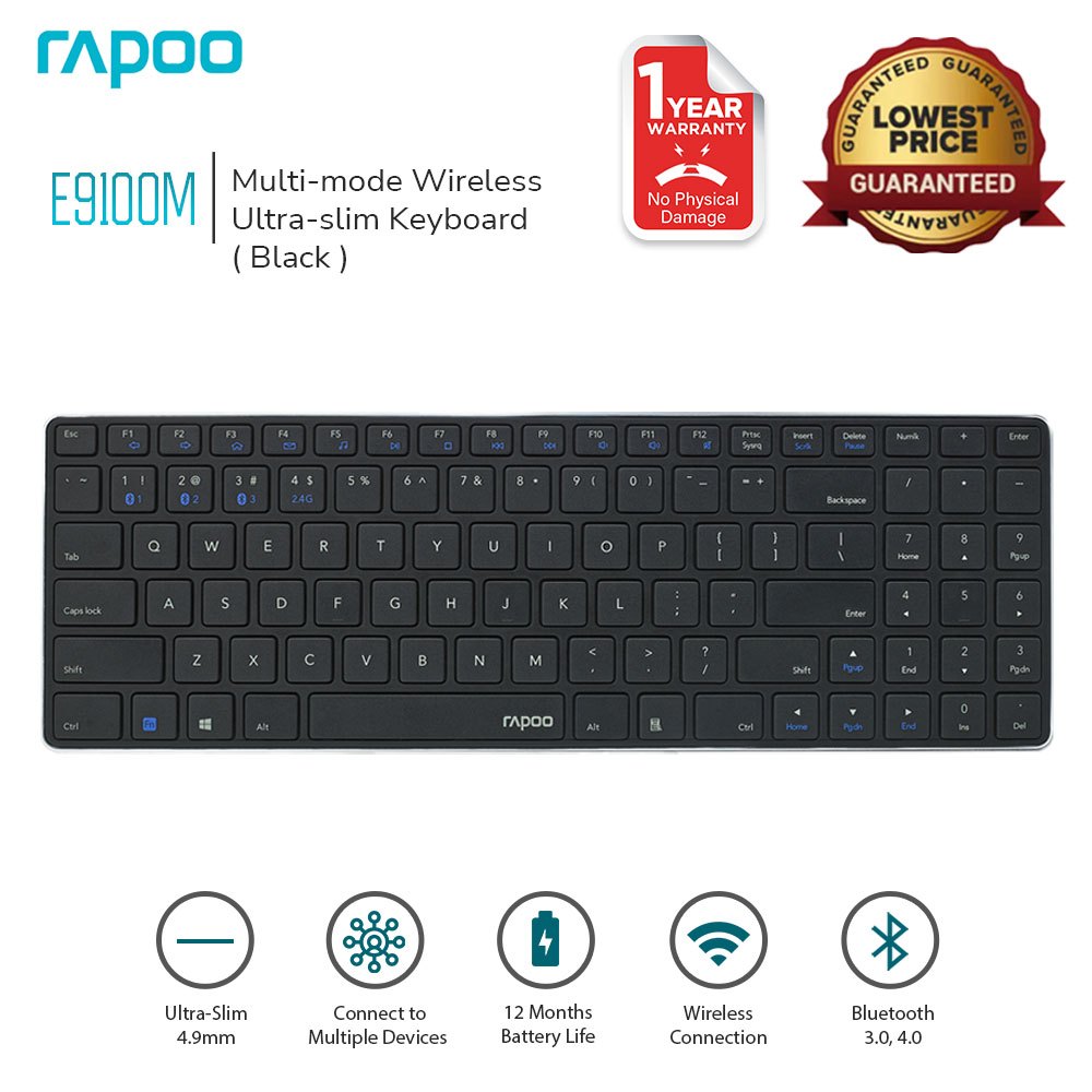 Rapoo E9100M Multi-mode Ultra-slim Bluetooth 3.0/4.0 and 2.4G Wireless Keyboard For PC, Laptop ...