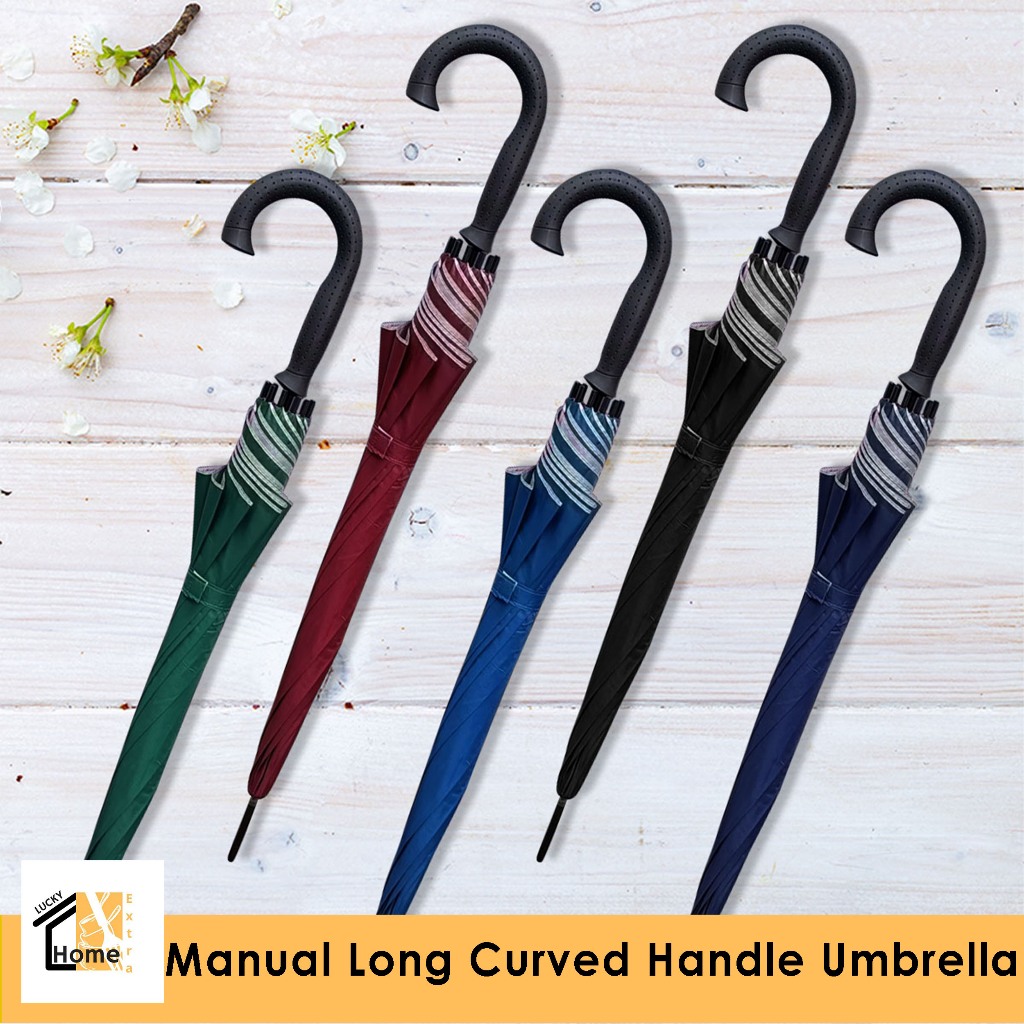 Lucky Manual Long Curved Handle Umbrella Straight Pole Silver Vinyl ...