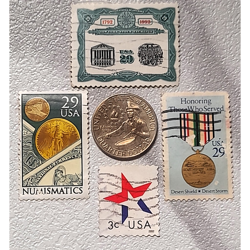 Postage Stamp (USA) Set: Numismatics, Star, Medal, & NY Stock Exchange ...