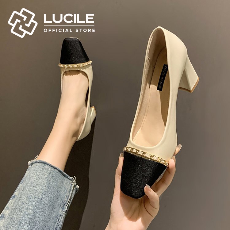 Lucile A-313 Square Toe Casual 2 Tone Shoes Fashionable Medium Heels ...