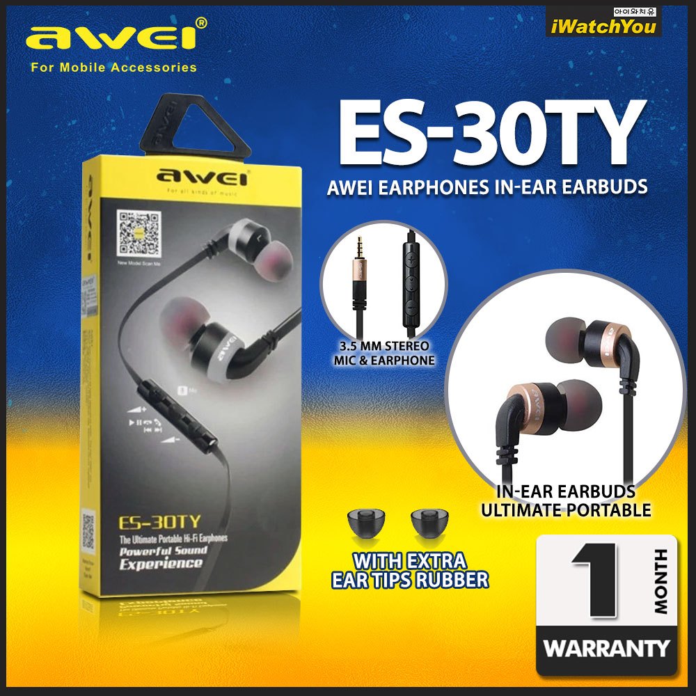 Awei ES-30TY Wired Earphones / with extra ear tips rubber / built-in microphone / volume control ...