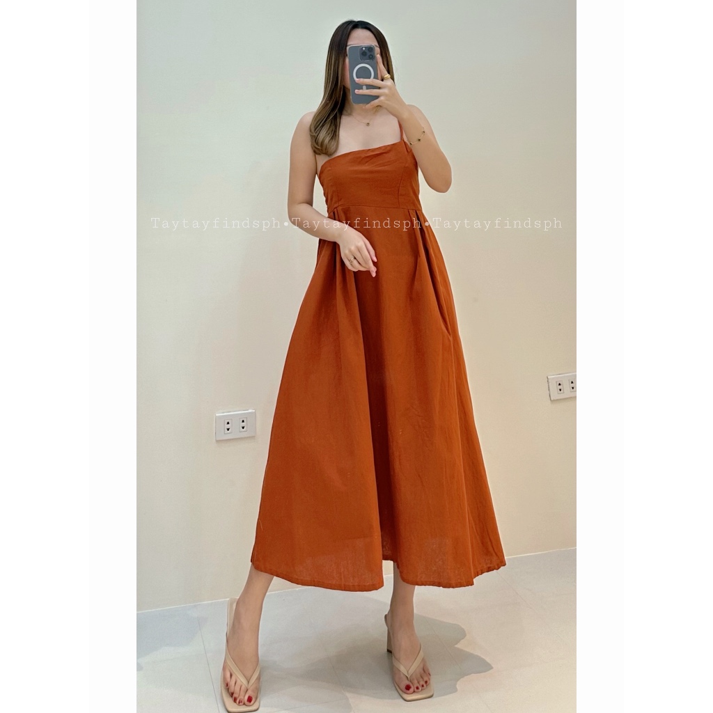 SHEN ONE SIDE TWISTED STRAP LINEN DRESS | taytayfindsph | Shopee ...
