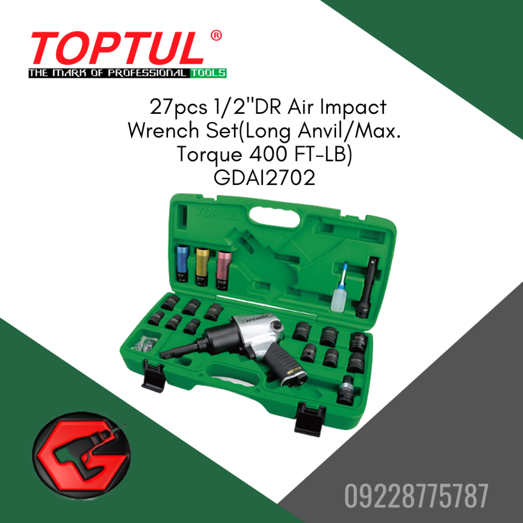 TOPTUL 27pcs 1/2DR Air Impact Wrench Set (Long Anvil/Max. Torque 400 FT ...