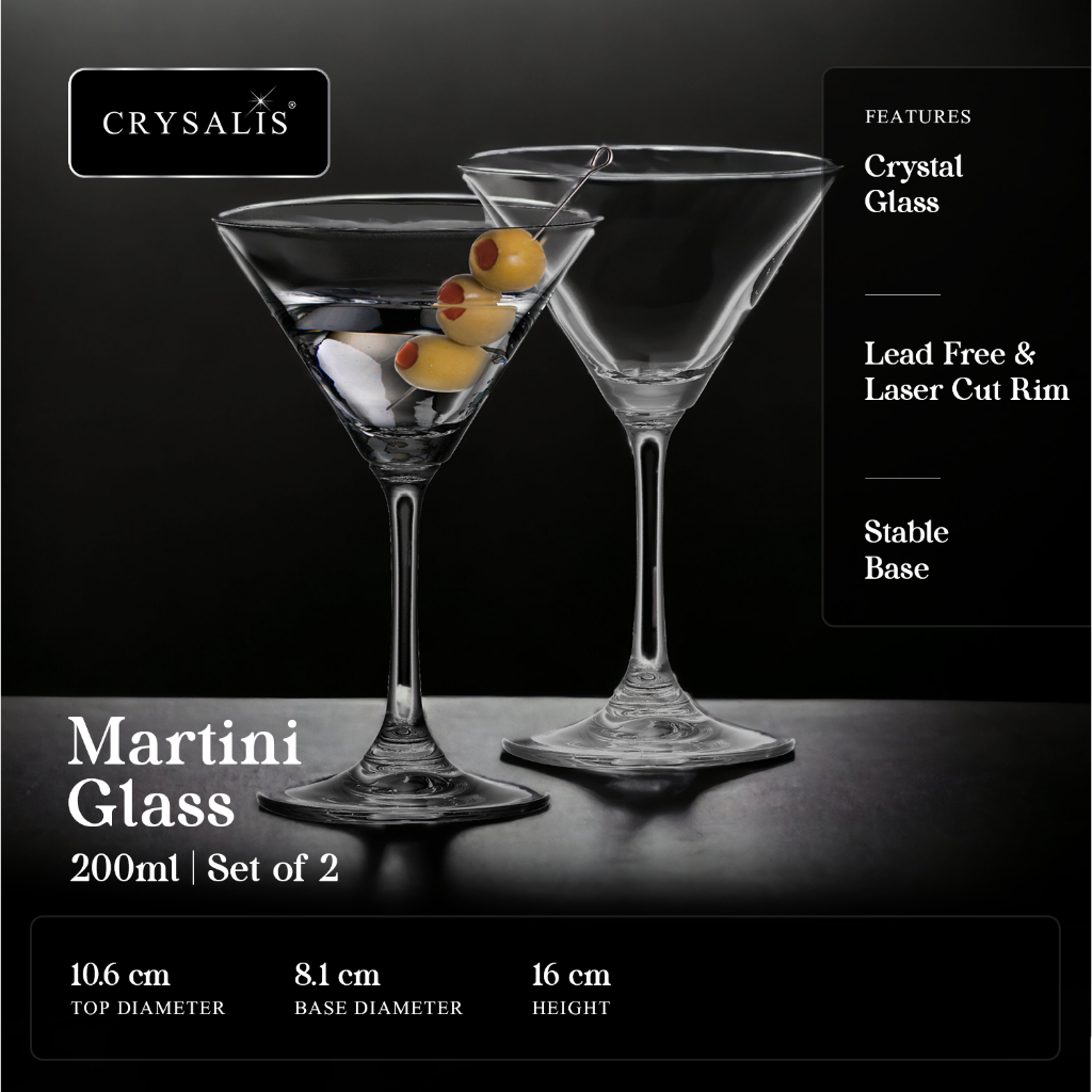 CRYSALIS Martini Cocktail Glass 200ml | 7oz [Set of 2] Party Bar Drinking Glass Steamware ...