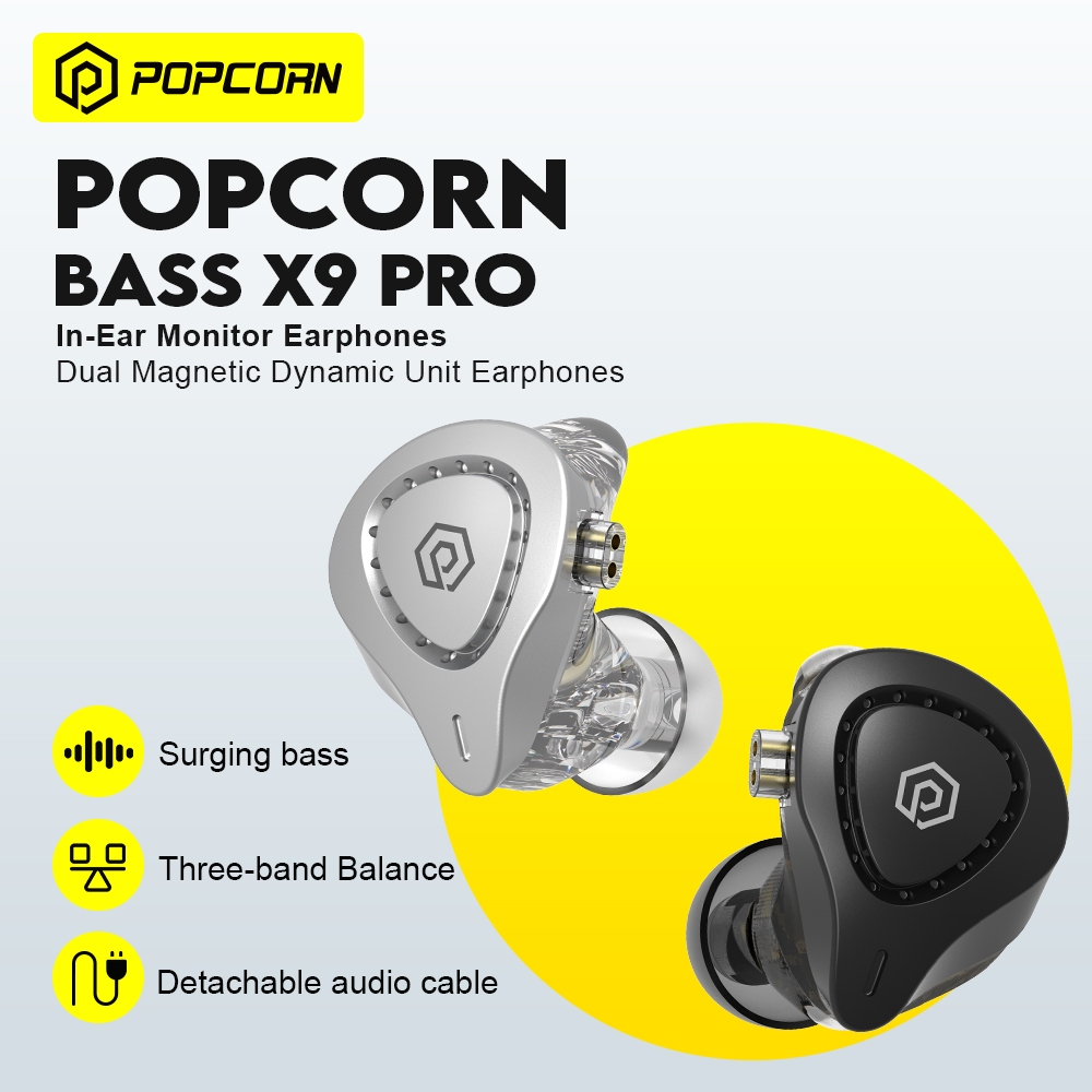 Popcorn BASS X9 Pro Dual Magnetic Circuit Dynamic Unit Ear Earphone ...