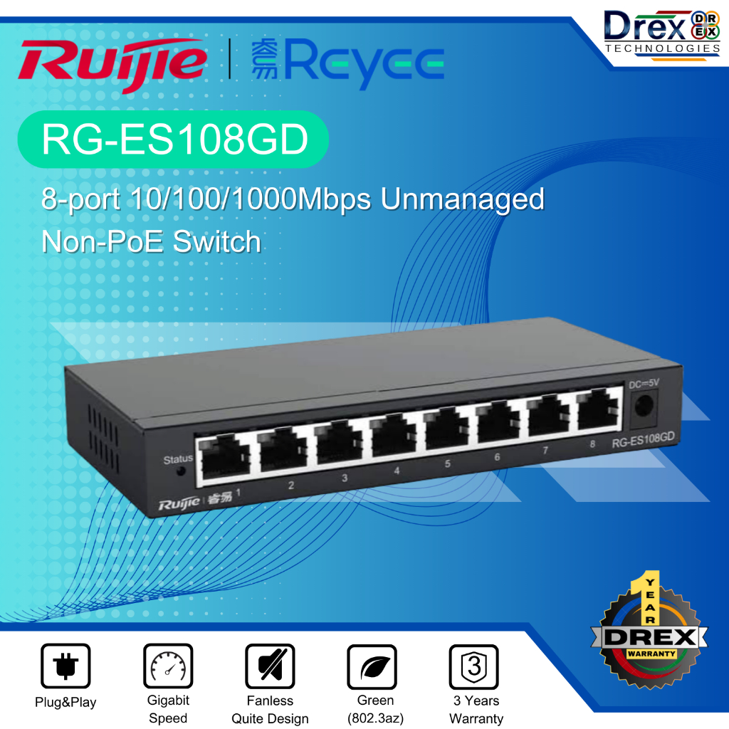 RUIJIE/REYEE (RG-ES108GD) 8-Port Gigabit Unmanaged Desktop Switch ...