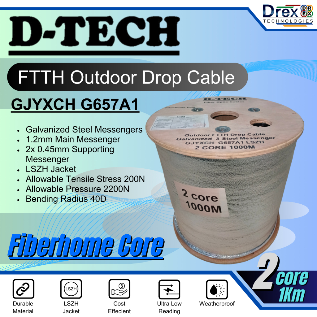 D-Tech FTTH Fiber Drop Cable 2Core 1KM G657A1 - with 3-Steel 1.2MM ...