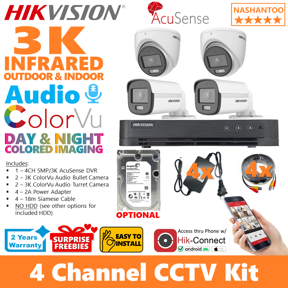 HIKVISION 4CH 3K 4Cameras (2 Bullet, 2 Turret) ColorVu Audio DIY CCTV ...