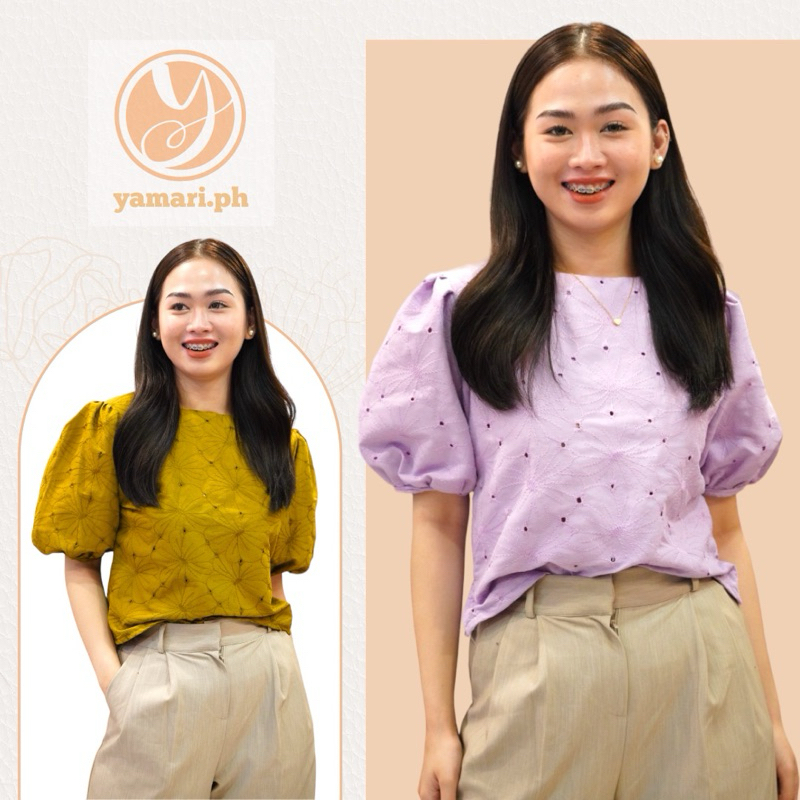 Yamari.PH Trendy Bestseller Daily Fashion Eyelet Puff Sleeves Round Neck Top | MATILDA EYELET ...