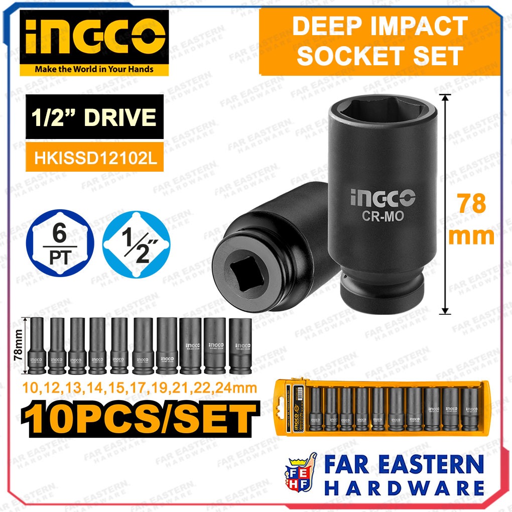 INGCO Deep Impact Socket Wrench 10pcs Set 10-24mm 1/2" Drive ...
