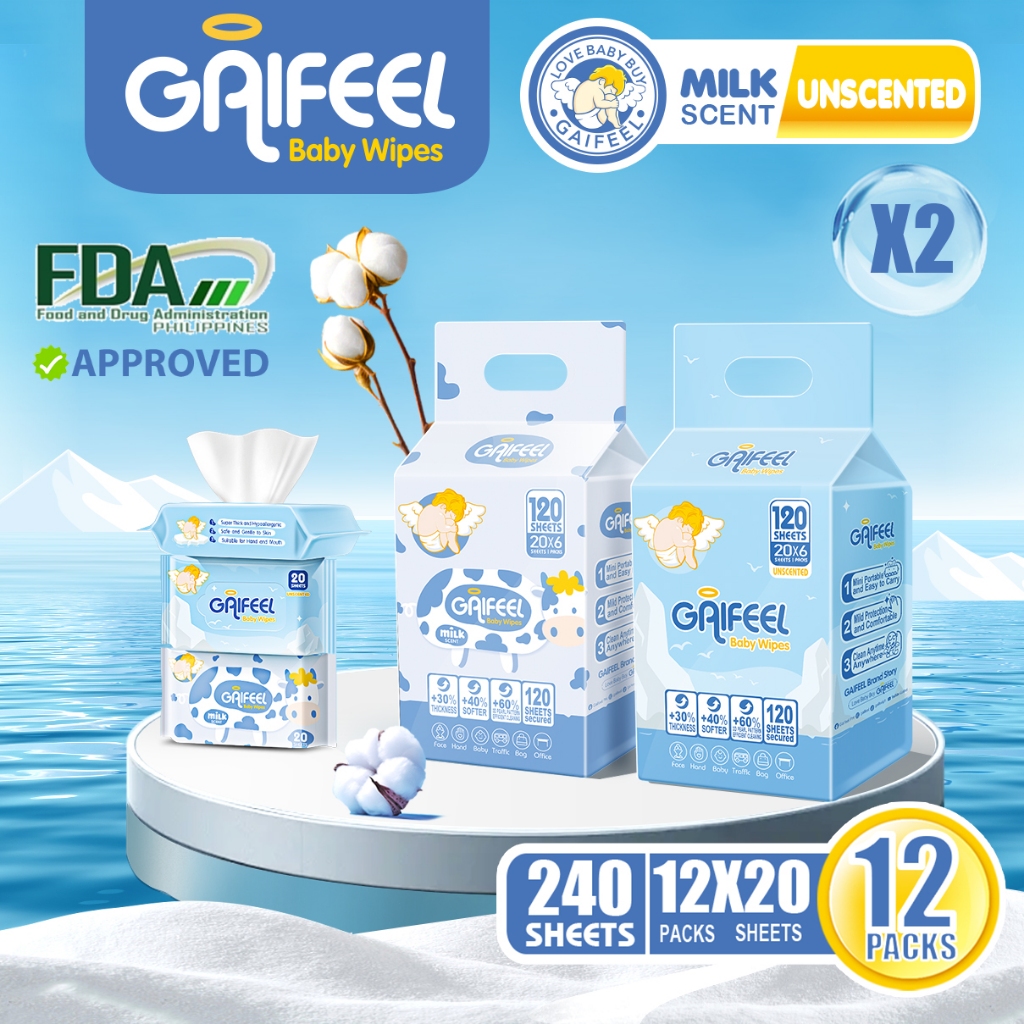 GAIFEEL MINI Baby Wipes 20 Sheets 2 Packs Unscented Milk Scent Wet ...