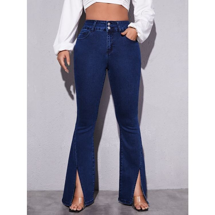 High Waist Split Hem Flare Leg Jeans | Shopee Philippines