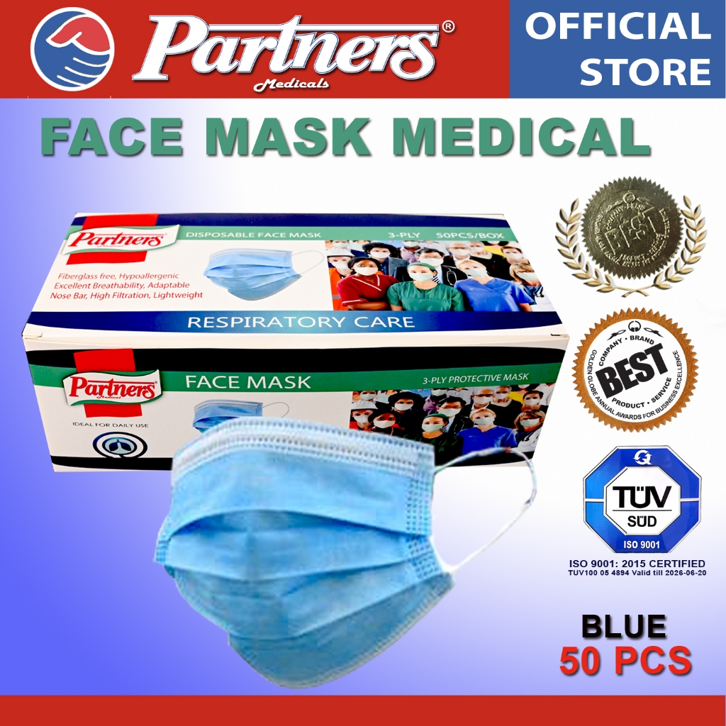 Partners Medical Face Mask 3-PLY with Earloop Disposable 50 Pcs in Box ...