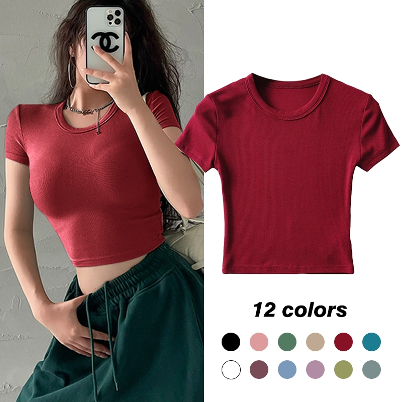 Women's Summer T-shirt Round Neck Slim Fit Versatile Fit Sweet Spicy ...