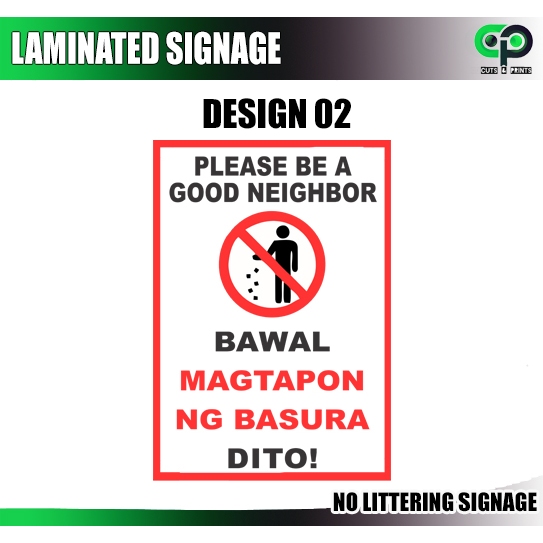 No Littering Bawal Magtapon ng basura No Littering Laminated Signage A4 ...