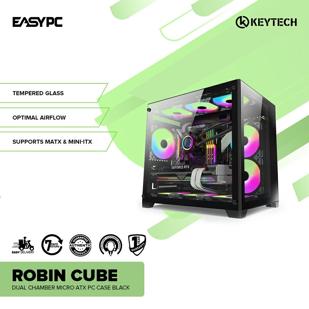EasyPC| Keytech Robin Cube Dual Chamber PC Case| Micro ATX| Black and ...
