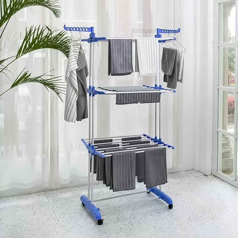 Stainless Steel Double Pole Clothes Hanger with Rollers Floor Drying ...