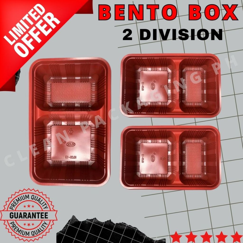 [100 PCS] 2 DIVISION RED BENTO BOX WITH THICK PLASTIC LIDS 170-180 ...