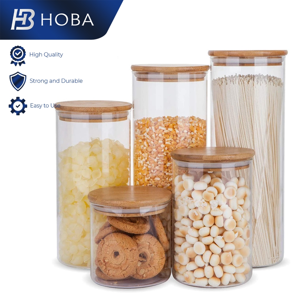 Hoba Airtight Glass Canister Food Storage Transparent Container Bamboo ...