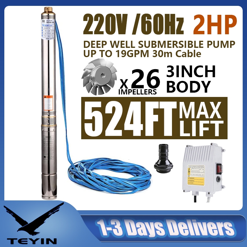 3‘’ Deep Well Pump 2HP 220V Stainless Steel Submersible Pump High Pressure Impeller Water Pump ...