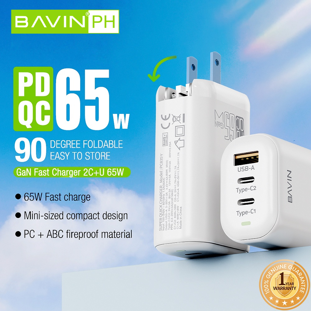 BAVIN PC835 65W Triple Output Super Fast Charging Universal Power GaN USB-C PD Fast Charger ...