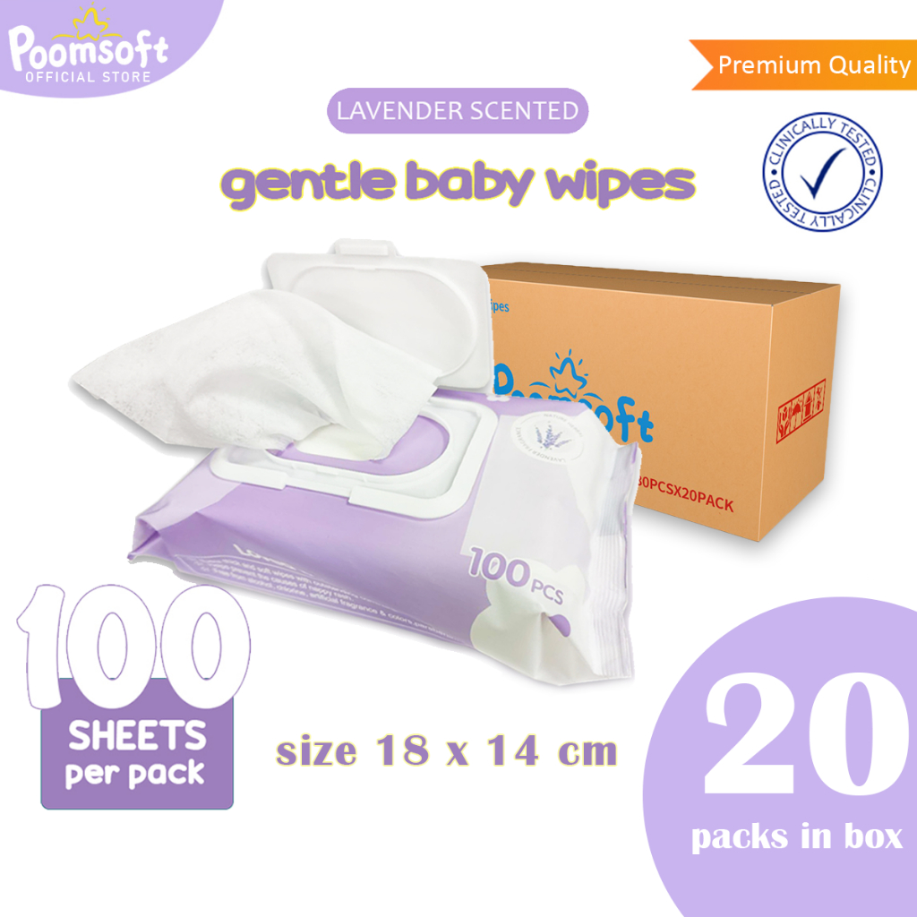 Poomsoft 20 Packs x 100 Sheet Baby Wipes Lavender Scent Gentle Alcohol ...