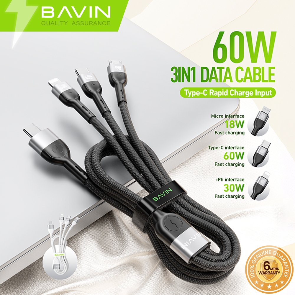 BAVIN CB236 60W 30W 18W 3 IN 1 Fast Charging Cable Nylon Braided Cable ...