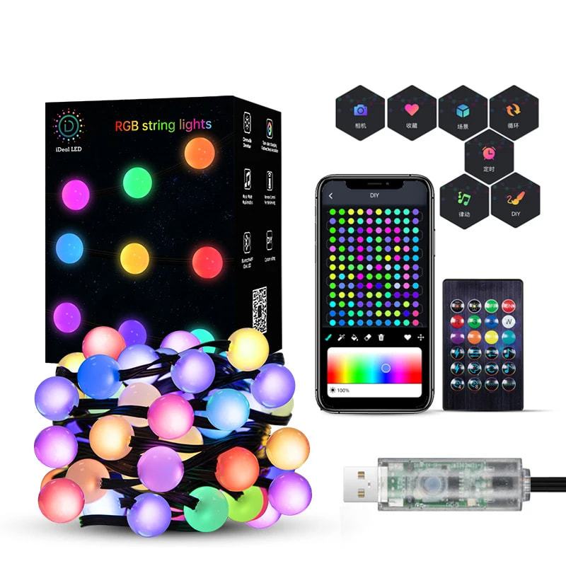 LED String Light Programmable RGBIC Round Ball String Light Addressable ...