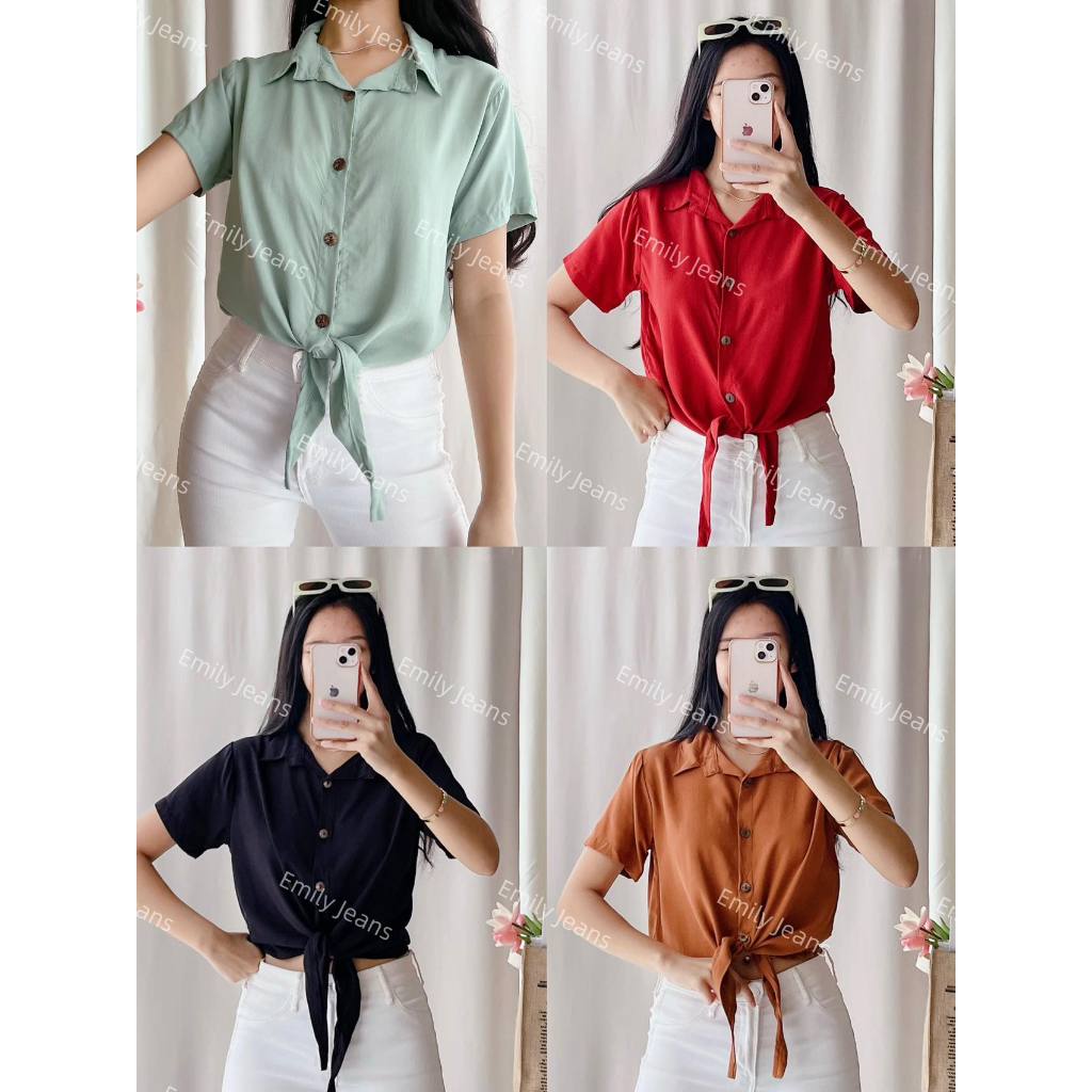 EMILY Challis Polo Tie Button down Plain Challis Crop Top New Arrival ...