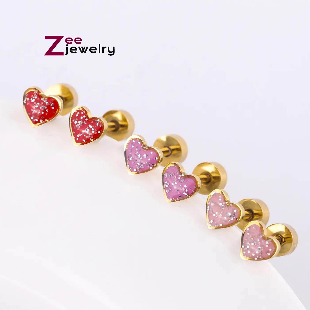 Zee Heart Shape Sparkle Screwlock/ De roscas Earrings Hypoallergenic ...