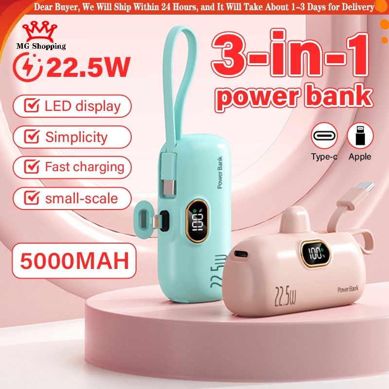 3in1 5000mAh Mini Fast Charging Portable Power Bank Digital 22.5W with ...