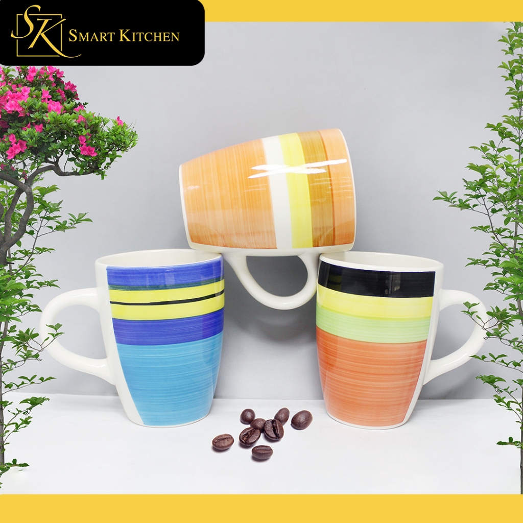 10oz Coffee Mugs Hand Printed Mugs Stripe Colorful Mugs Tea Mugs Cute ...