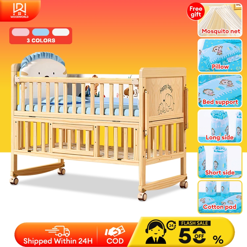 Solid Wood Baby Crib Baby Bed With Mosquito Net Deformable Crib For ...