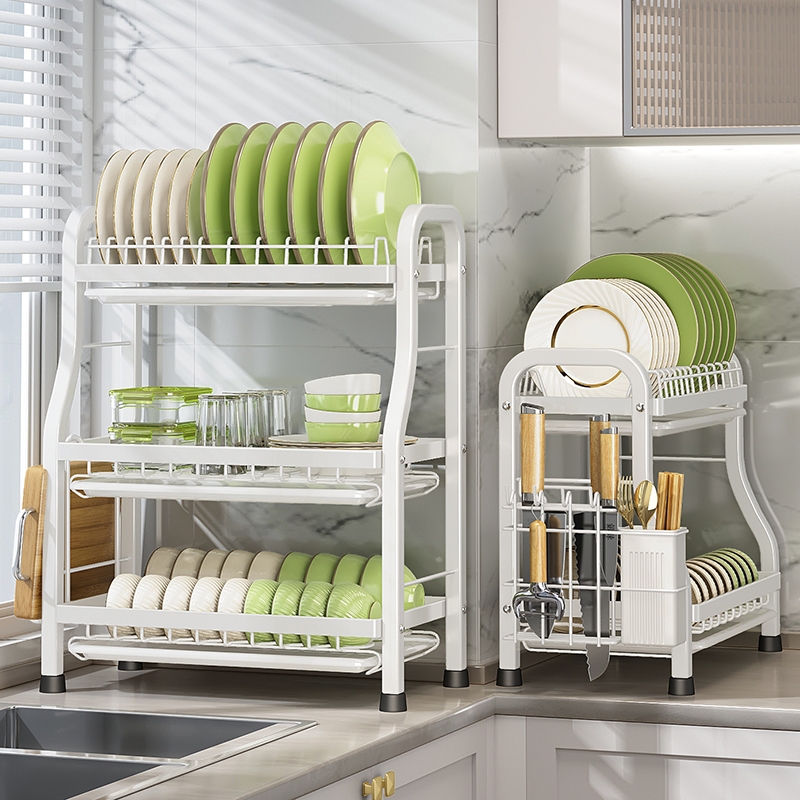 3 Tier Kitchen Organizer White Dish Rack Stainless Dish Drainer Plate ...