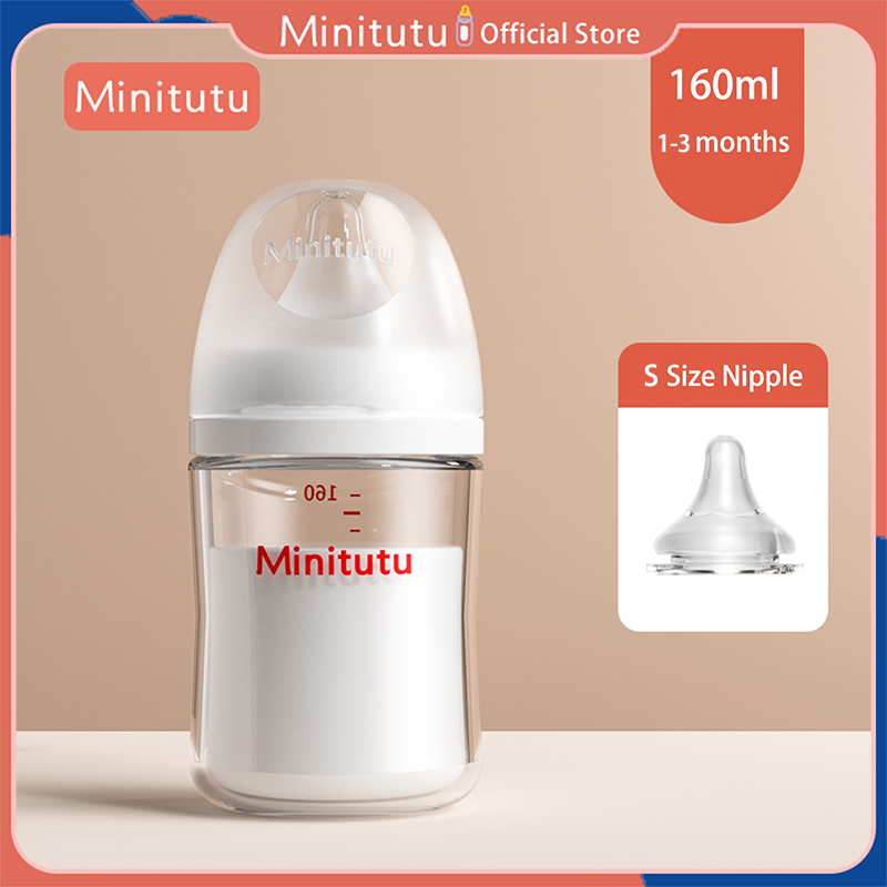 Minitutu Glass Feeding Bottle Wide Neck Newborn Straight ArcFor 0~6+ Months Anti-colic BPA Free ...
